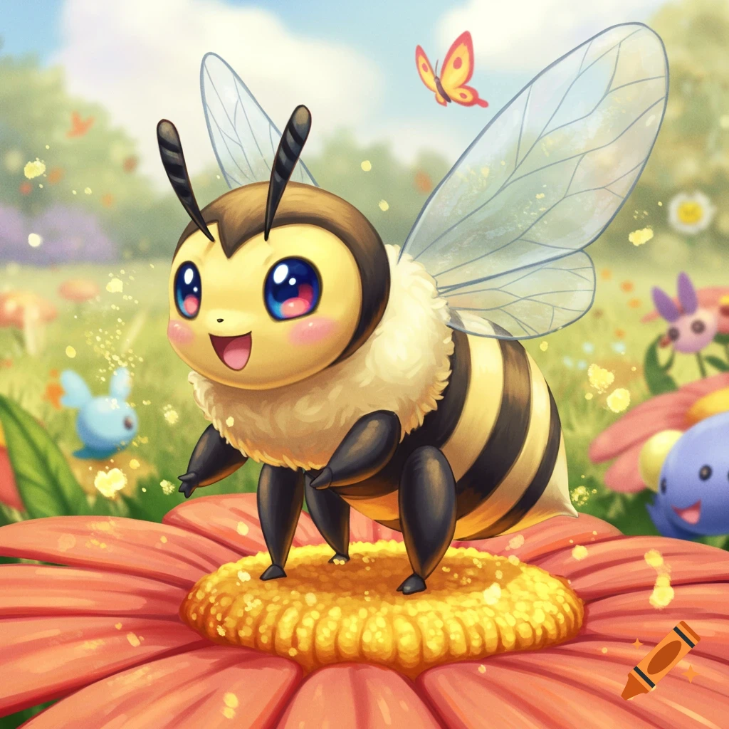 Cute bee character on a flower in a sunny garden, pokemon style on Craiyon