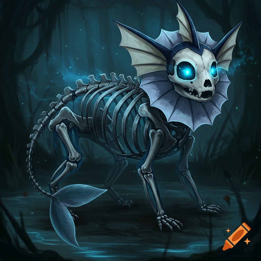 A skeletal Vaporeon with glowing blue eyes stands in a dark, misty ...