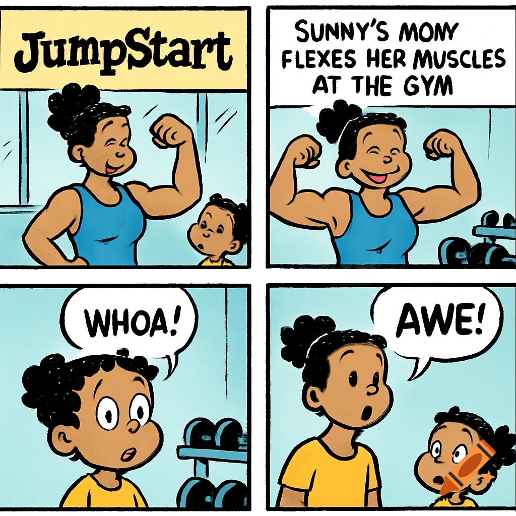 A four-panel cartoon comic strip shows a mother flexing muscles at the ...