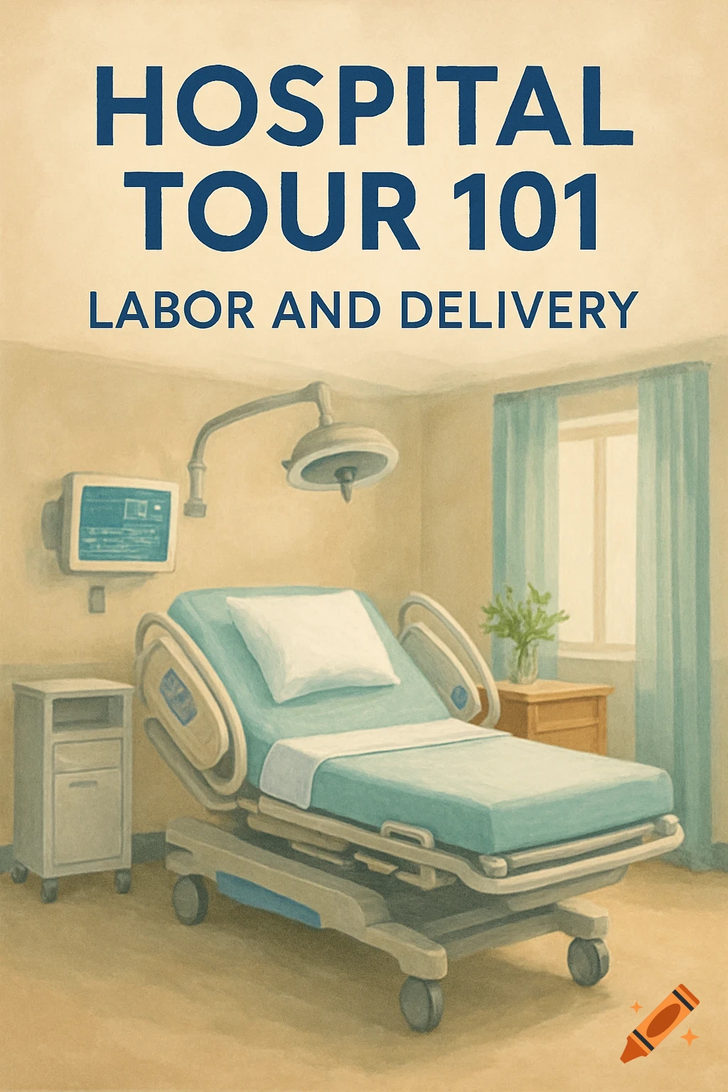 Painterly illustration of a hospital labor and delivery room with bed ...