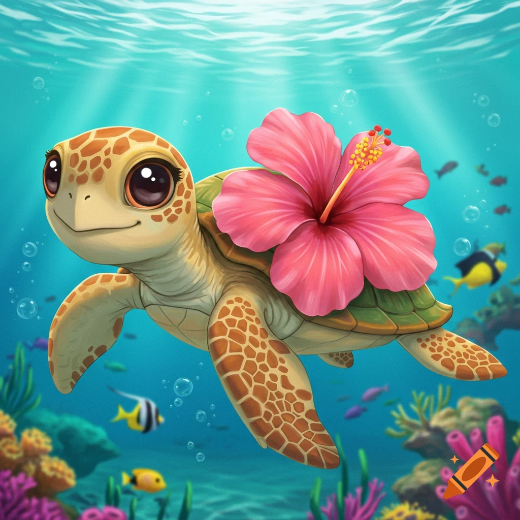 A cute cartoon sea turtle swims underwater with a pink hibiscus flower ...