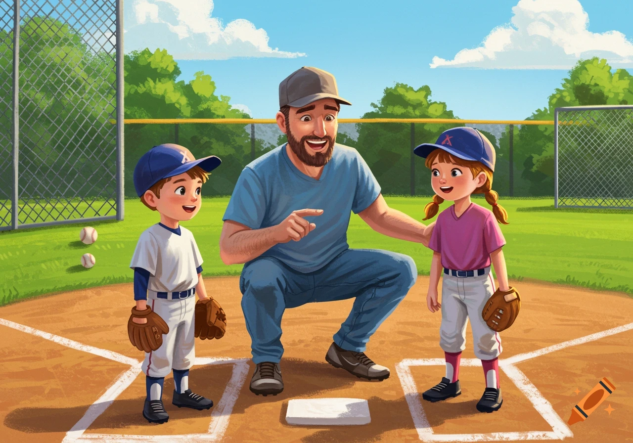 Illustration of a dad coaching two kids on a baseball field. on Craiyon