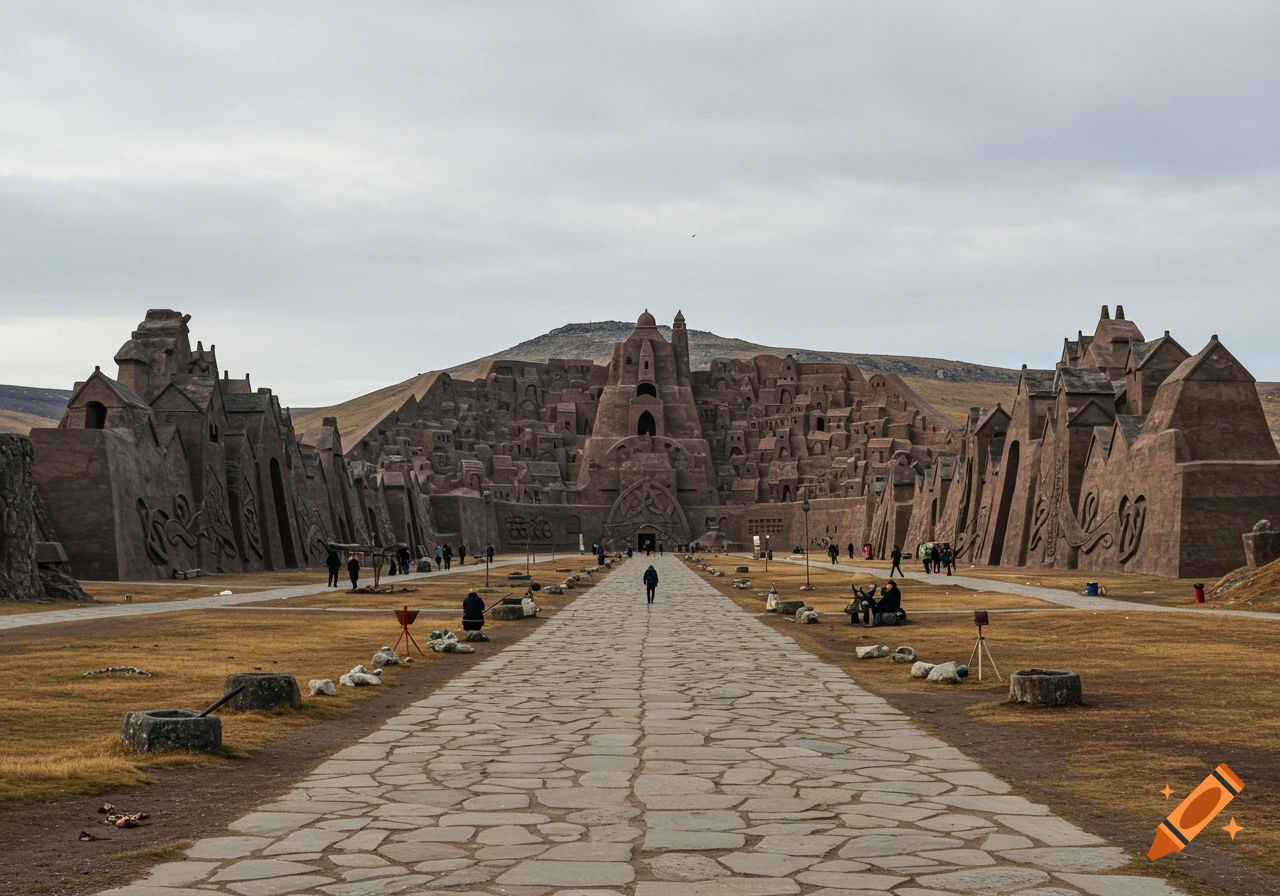 A massive city structure carved from sand or clay in a barren landscape ...