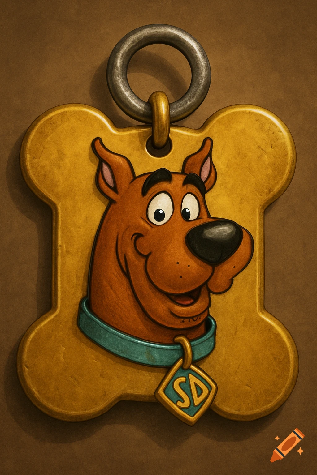 Cartoon Scooby Doo head on a bone-shaped gold dog tag on Craiyon