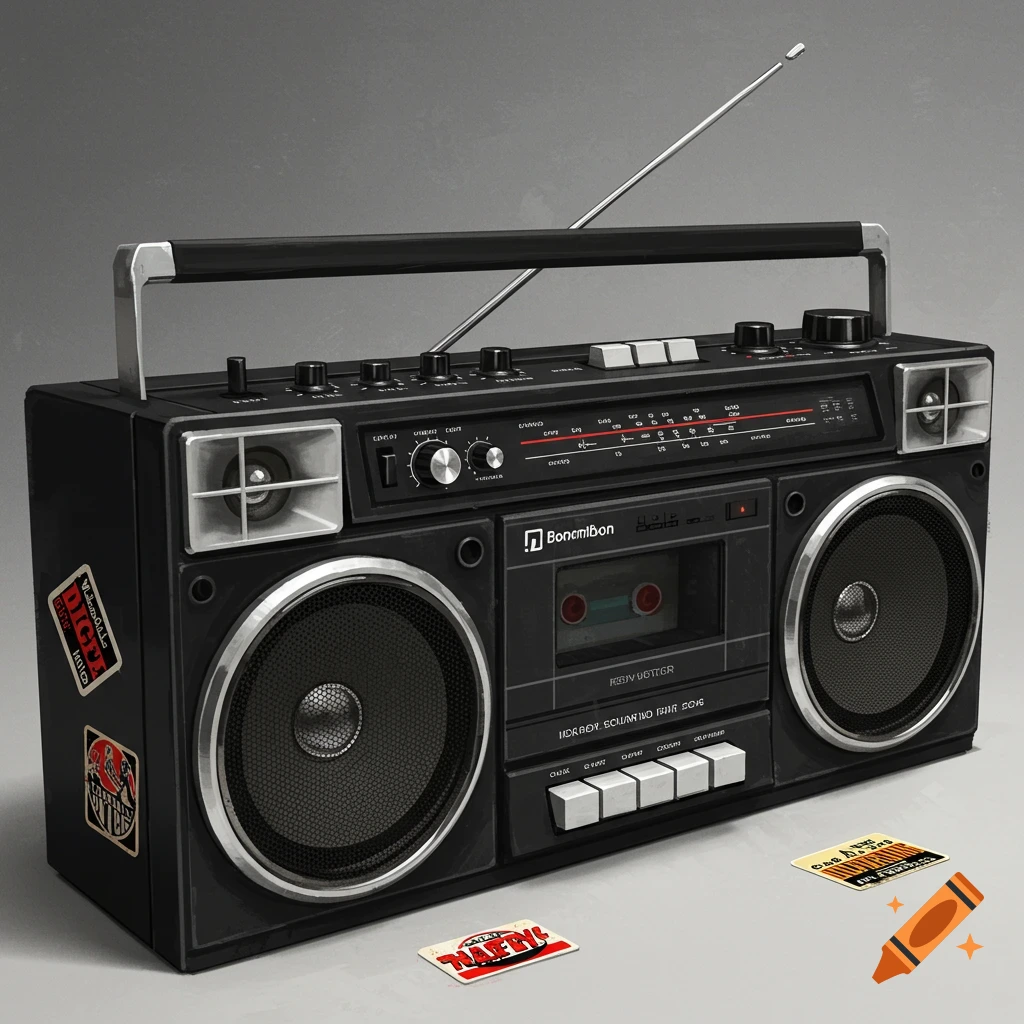 A realistic rendering of a black boombox with large speakers and ...