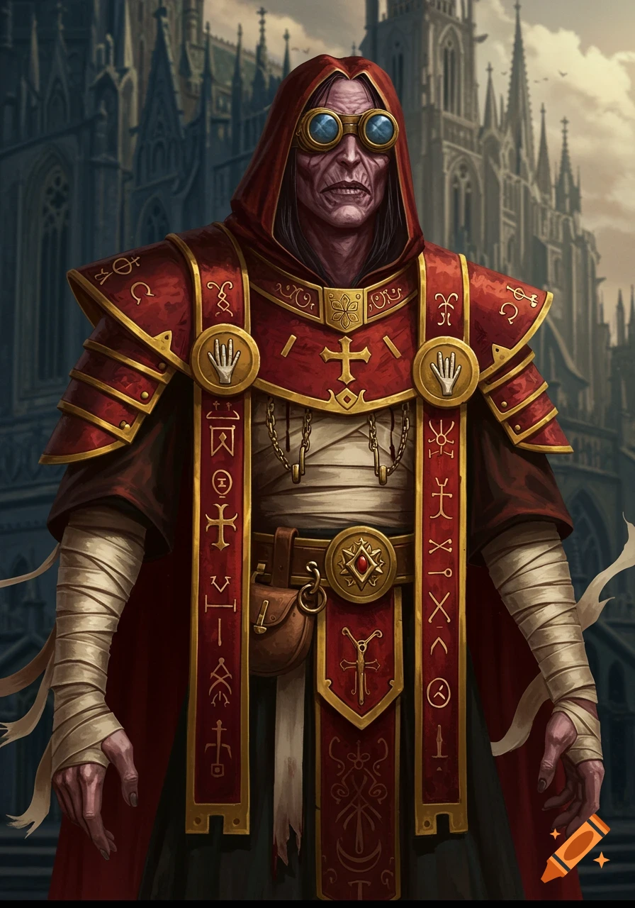 A fantasy character in red robes, bandages, and goggles stands before a ...