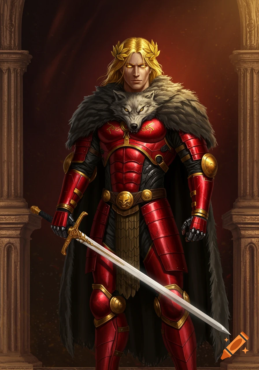 Man in red sci-fi armor with wolfskin cloak and sword stands in Roman ...