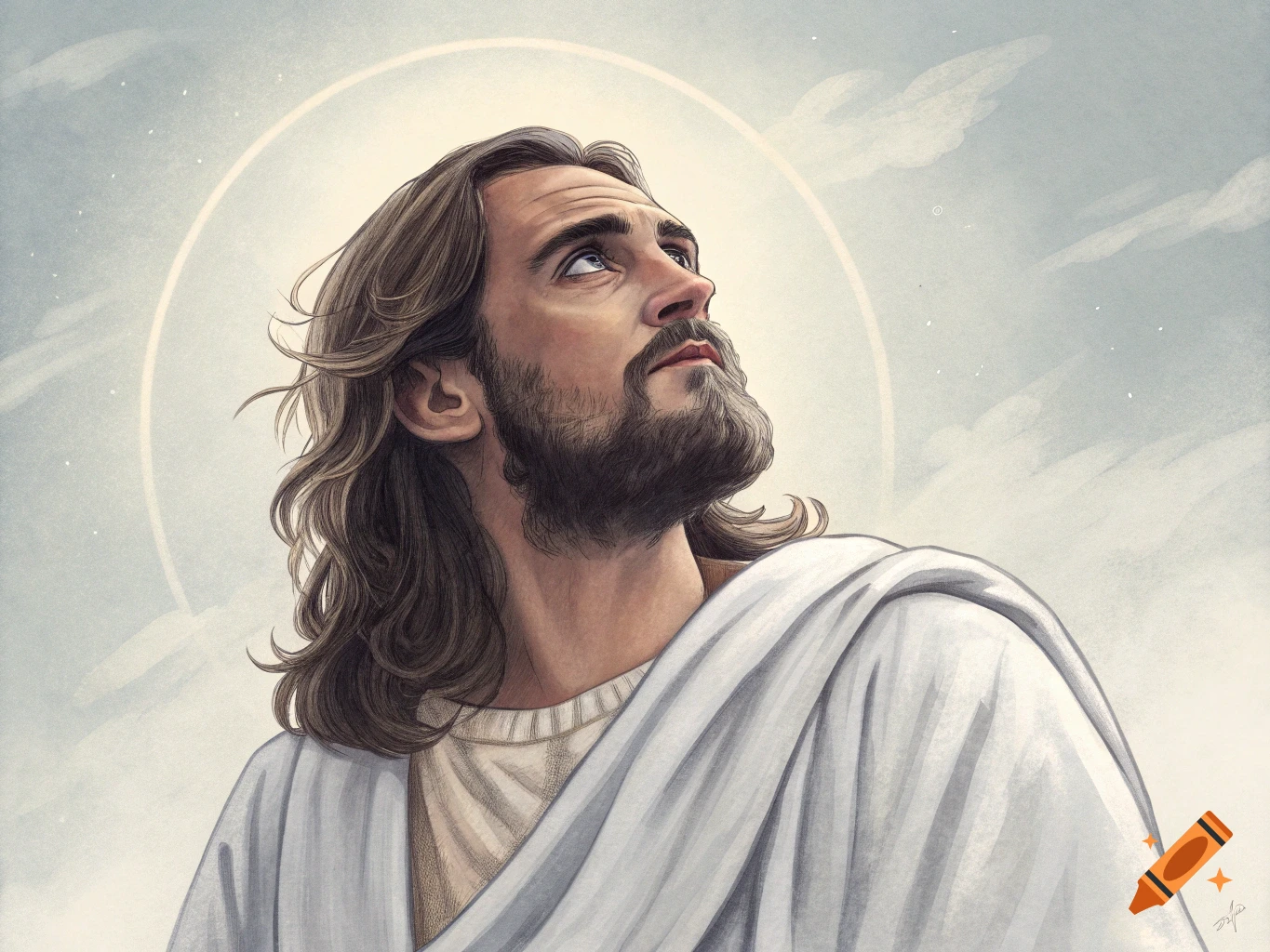 Illustration portrait of Jesus looking up at the sky with a halo. on Craiyon