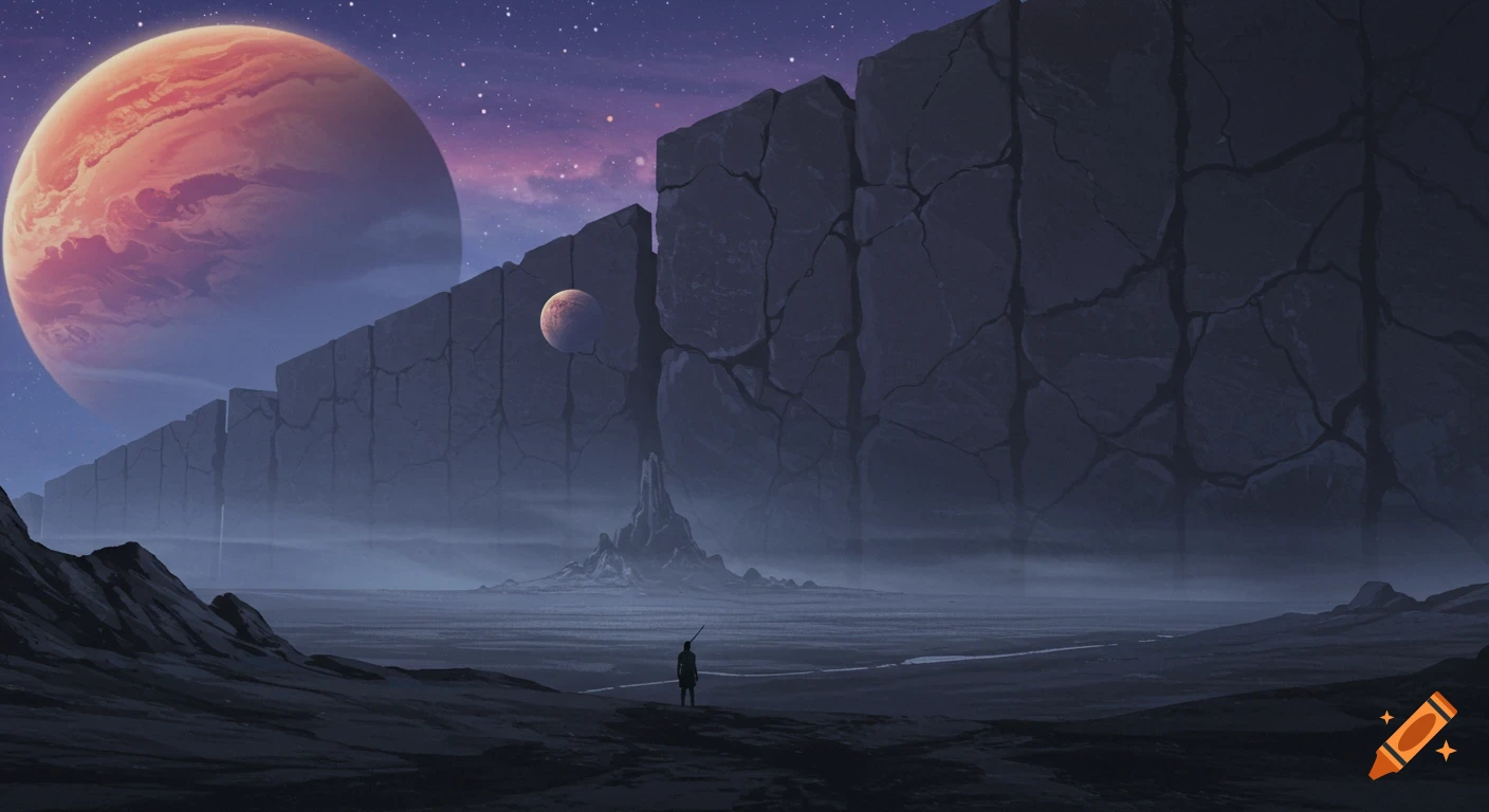 Illustration of a person in a desolate landscape looking at giant ...