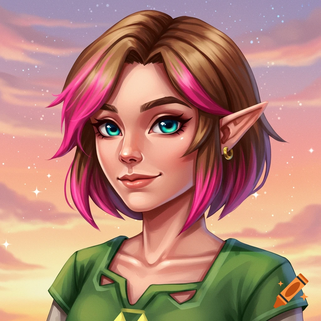 A stylized portrait of an elf-like woman with pink-streaked brown hair ...