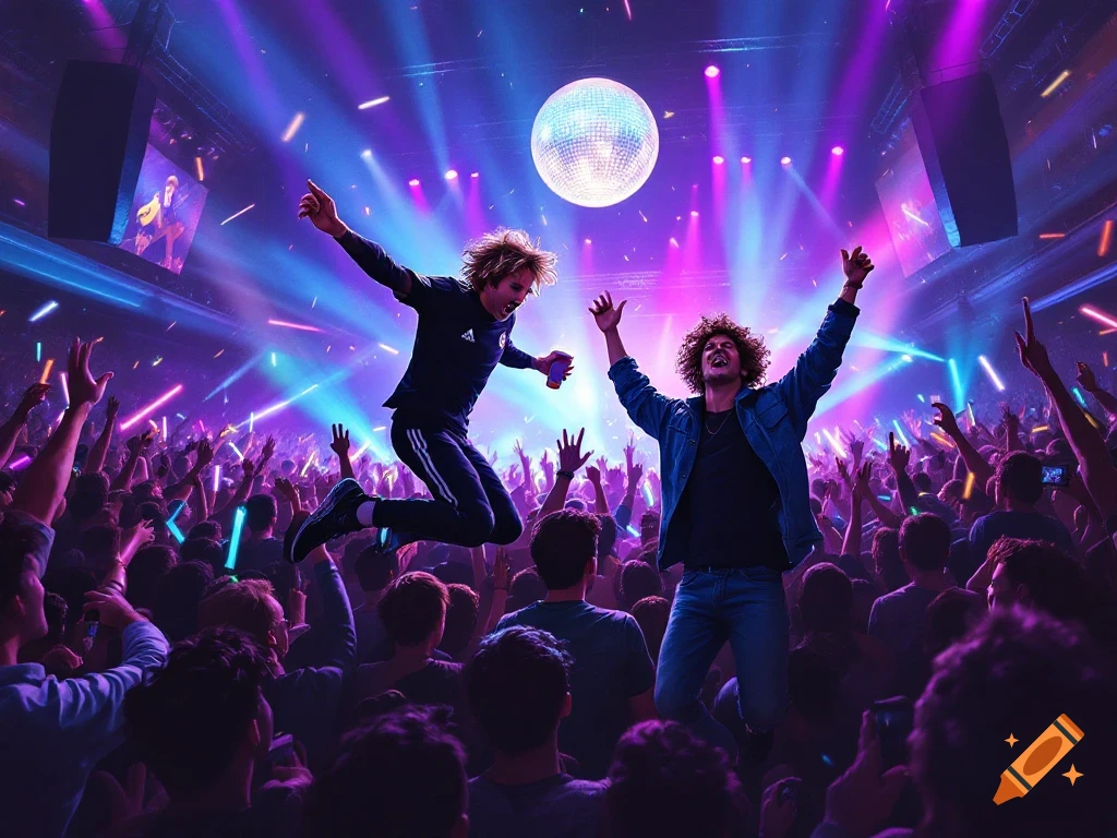 Two men jump in the air above a crowd at a vibrant concert with a disco ...