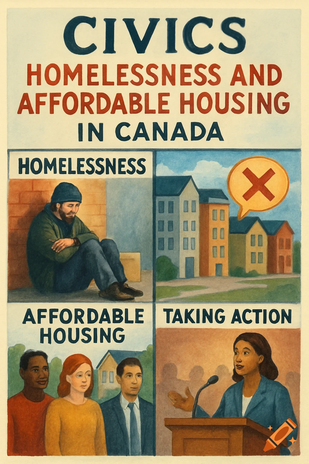 Civics poster illustration about homelessness and affordable housing in ...