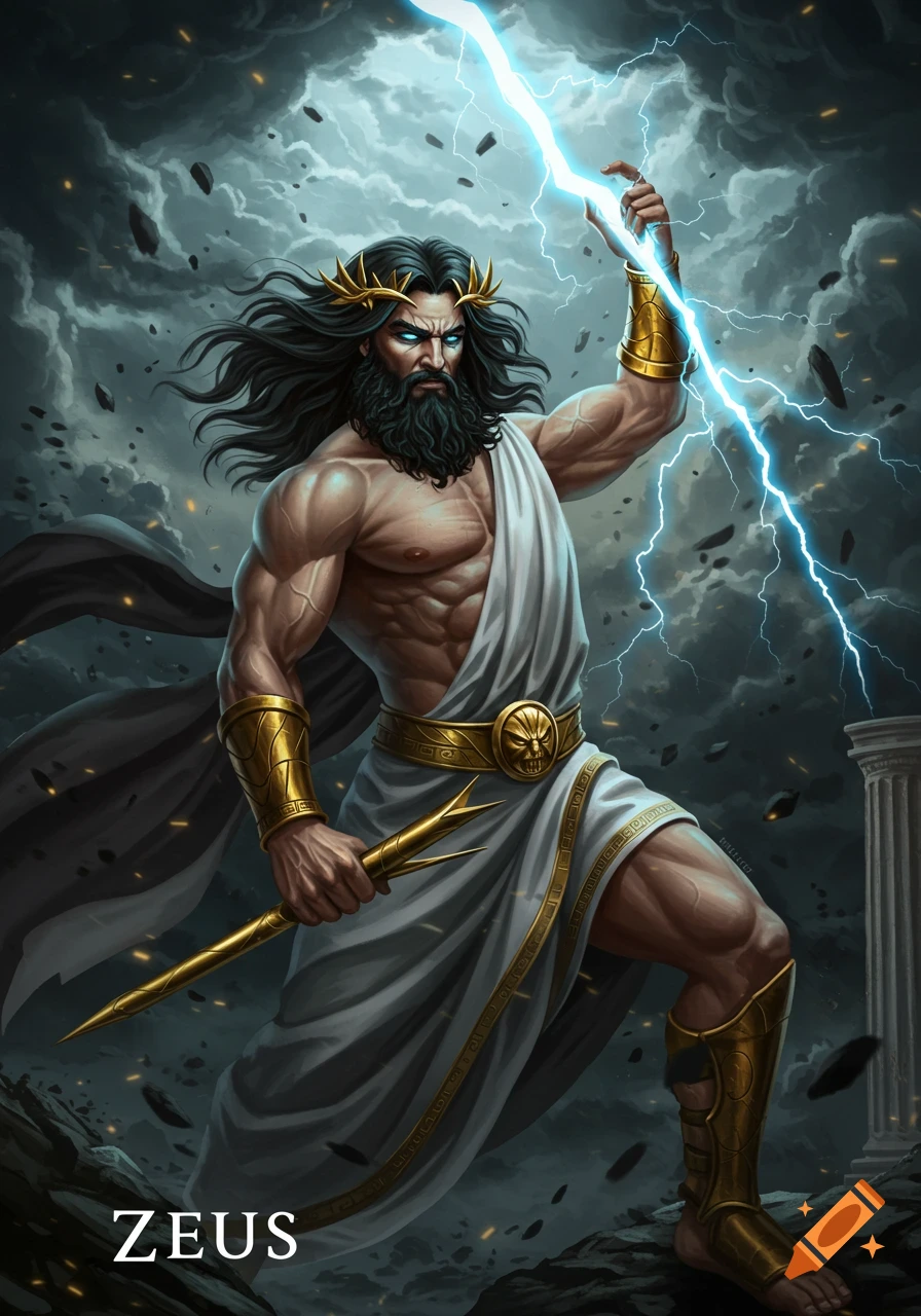 Illustration of Zeus holding a lightning bolt with stormy sky and the word 'ZEUS'. on Craiyon