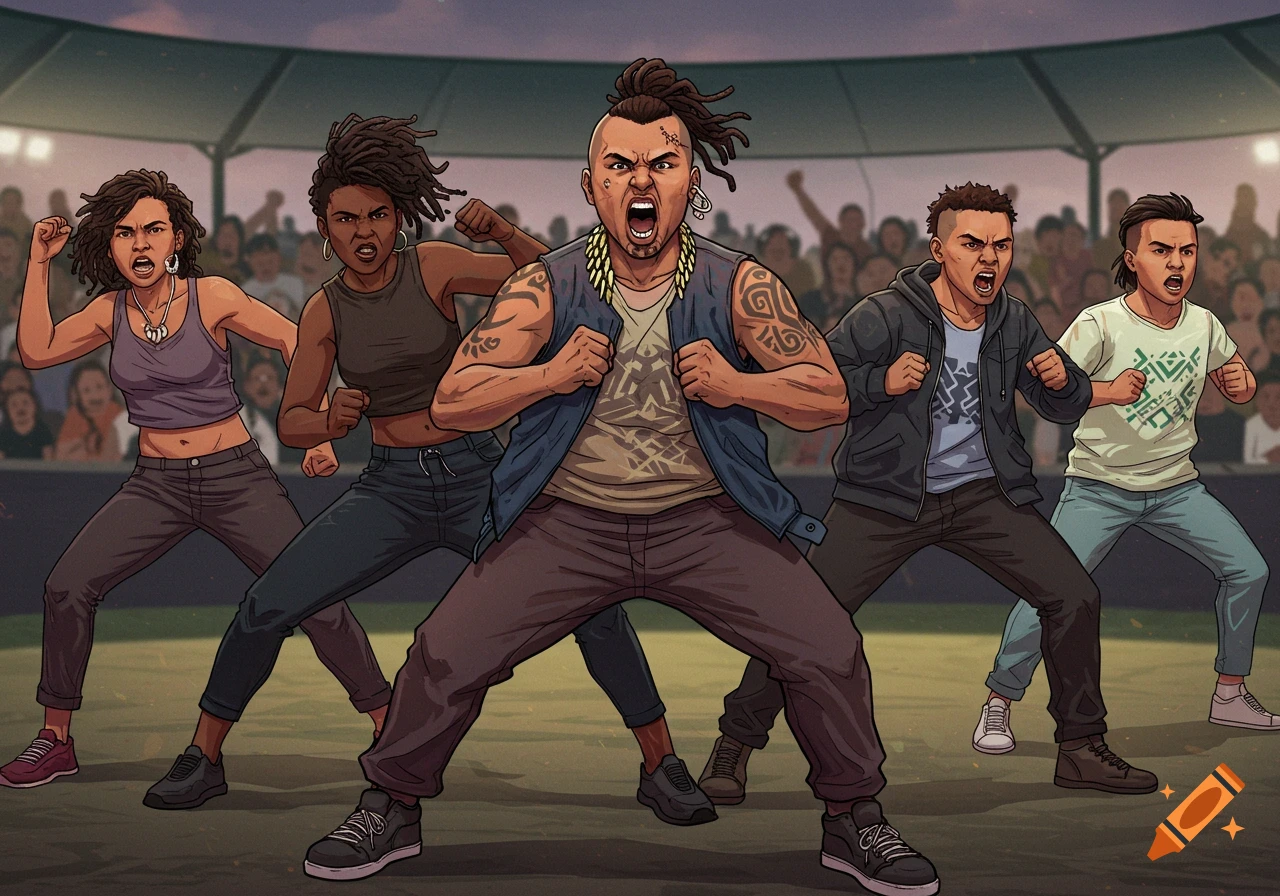 Five people in dynamic dance poses perform before a crowd in an ...