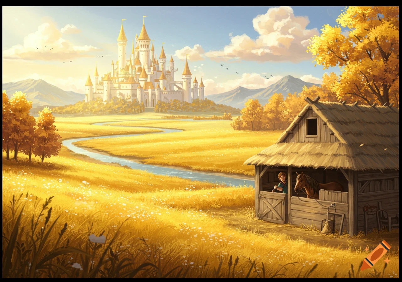 Fantasy landscape illustration with a castle, golden fields, a river ...