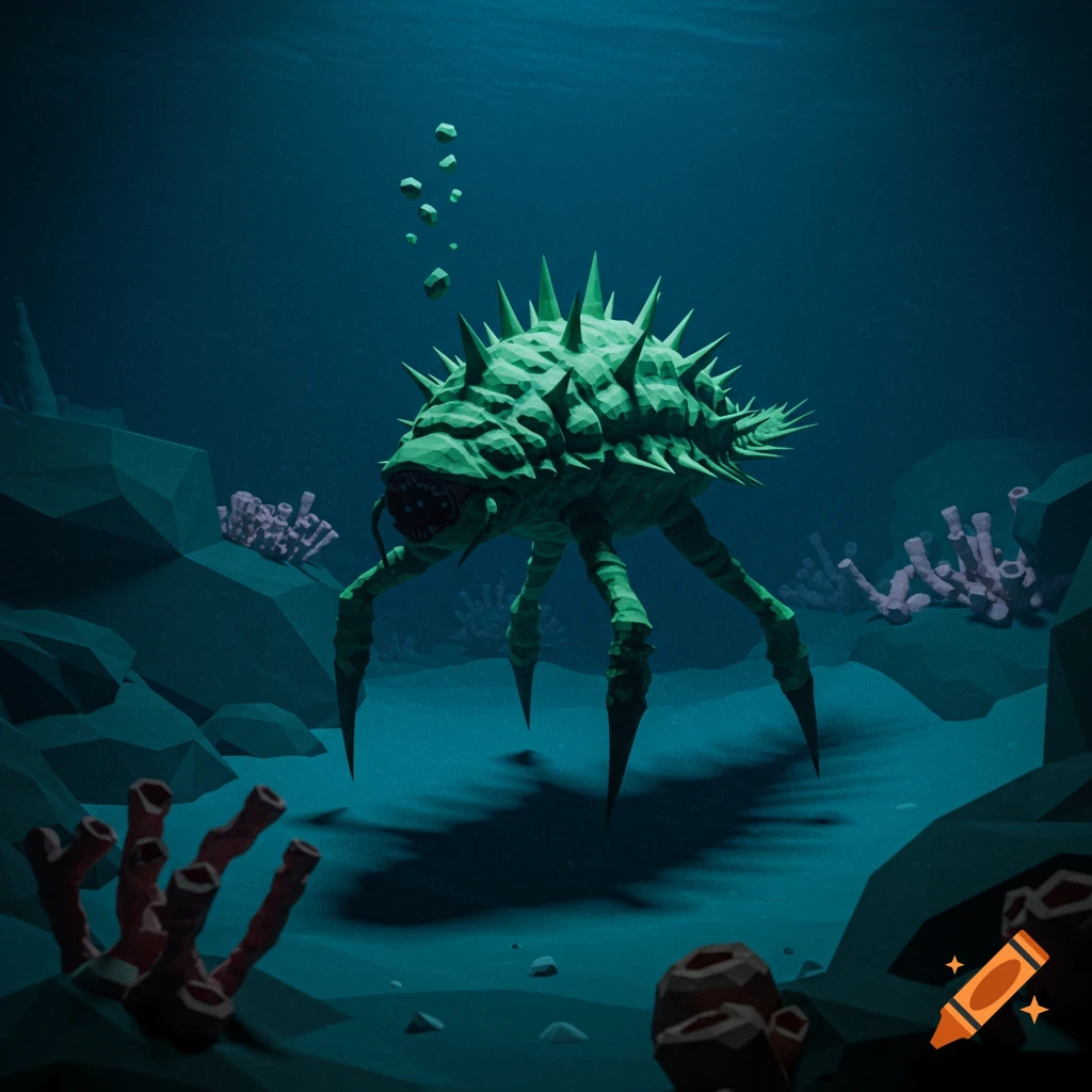 A green spiked creature with many legs underwater in a low-poly style ...
