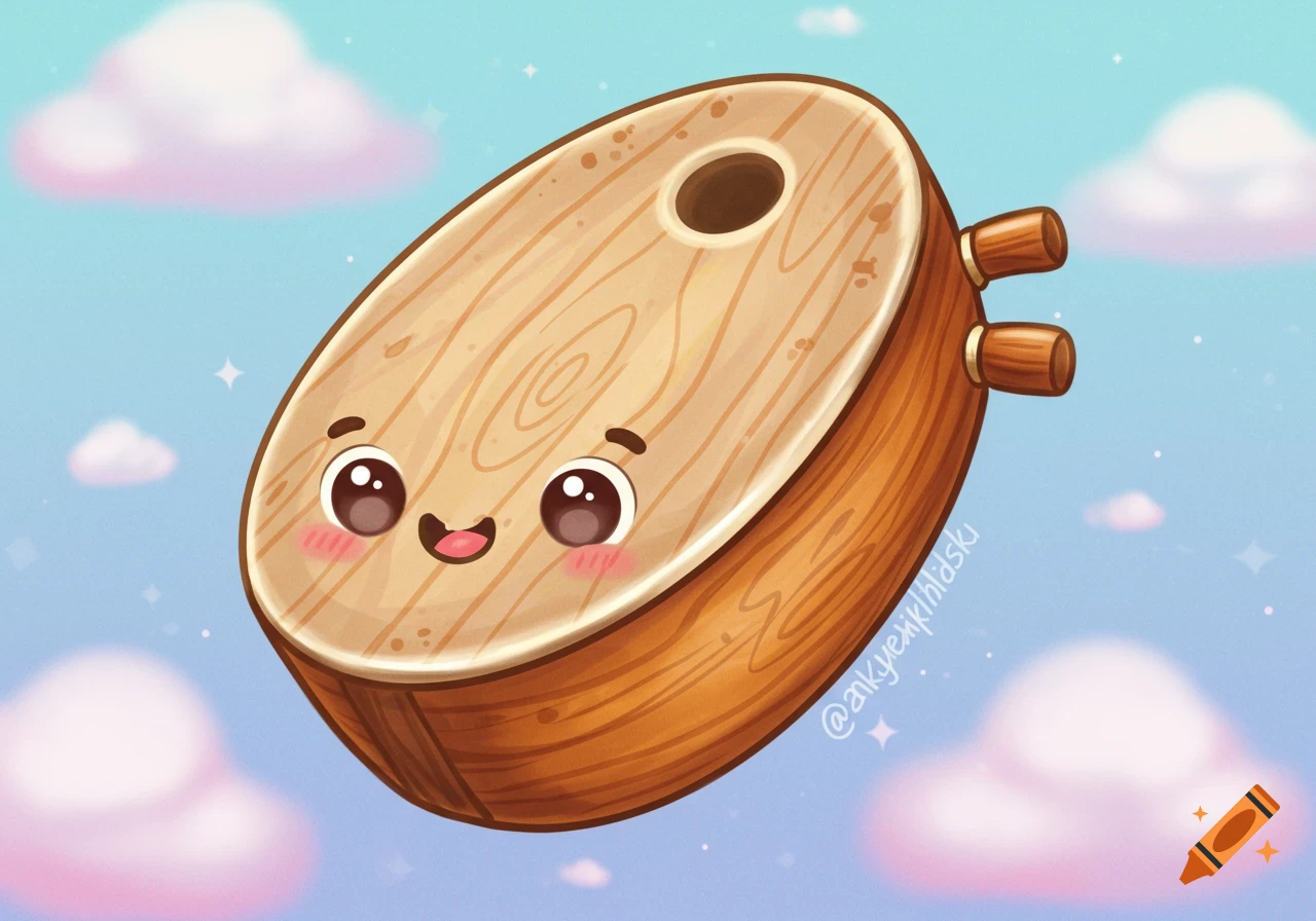 A cute cartoon guiro with a face floats in a sky with clouds. on Craiyon