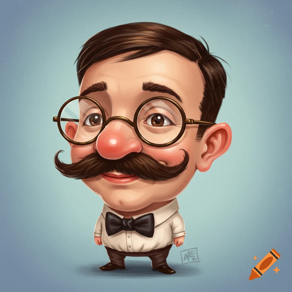 Cartoon illustration of a short man with a mustache, round glasses, bow ...