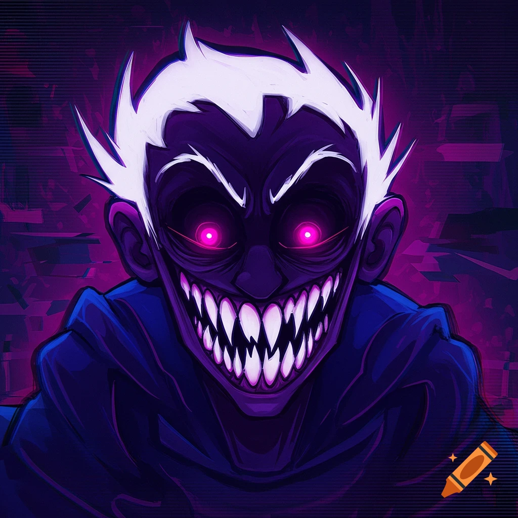 Close up of a stylized, dark cartoon character with glowing eyes and ...