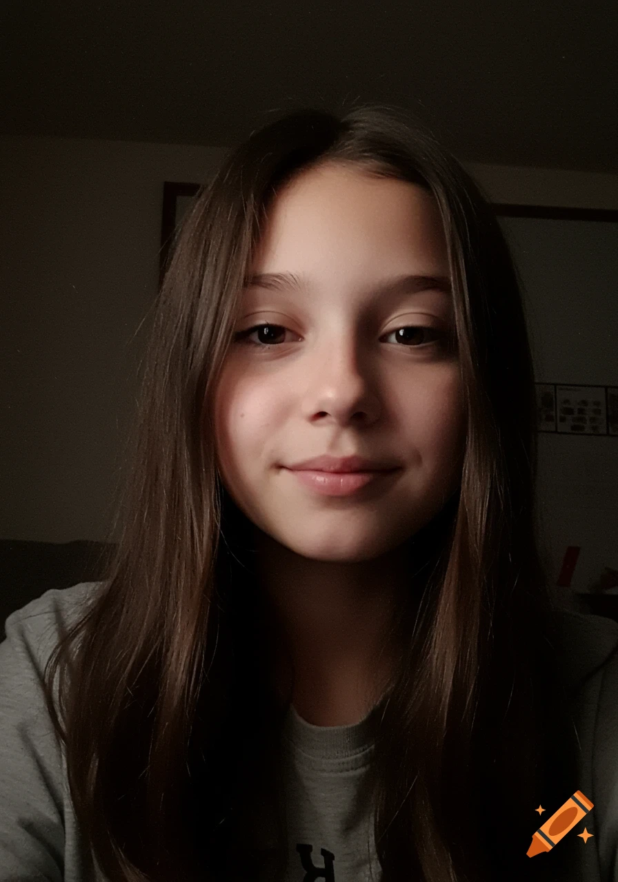 Portrait of a young girl looking at the camera in low light with a ...
