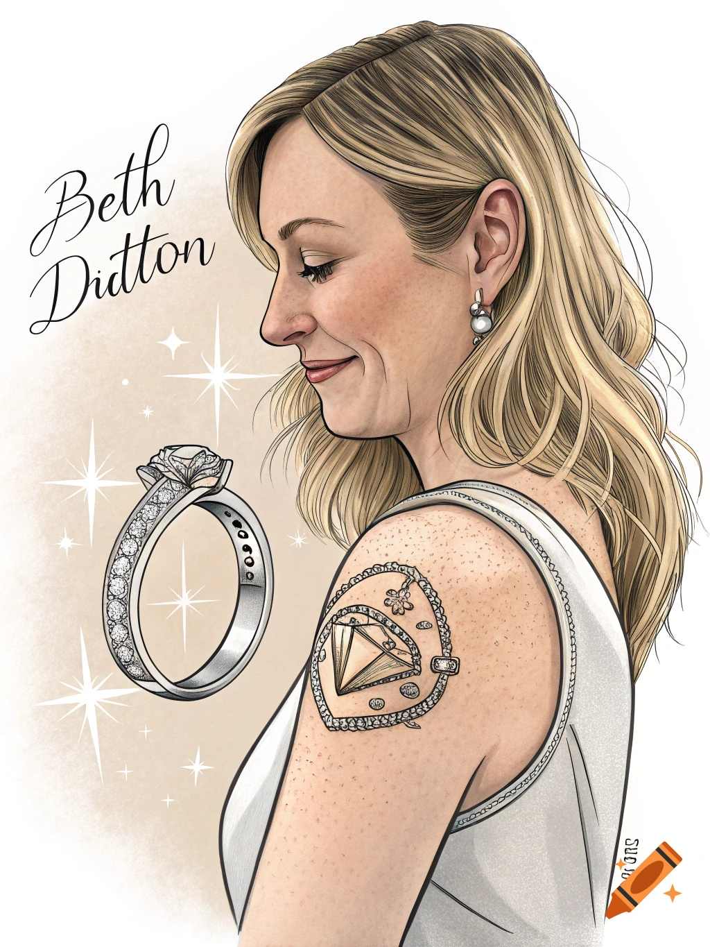 Illustration of Beth Dutton with a diamond ring and a tattoo. on Craiyon
