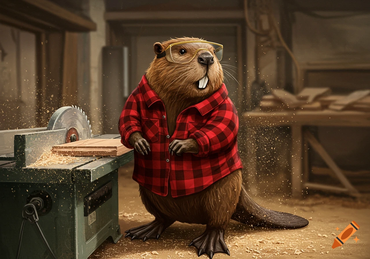 An anthropomorphic beaver wearing safety goggles and a red flannel ...