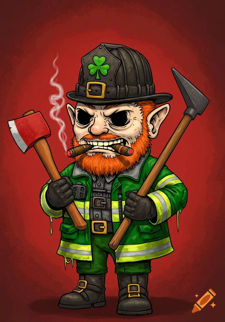 Cartoon illustration of an angry leprechaun firefighter holding an axe ...