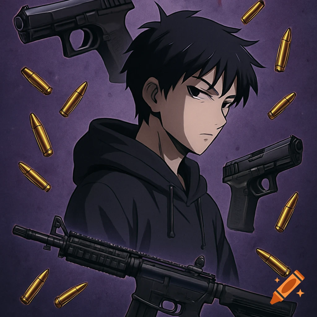 Anime portrait of a young man surrounded by guns and bullets on Craiyon