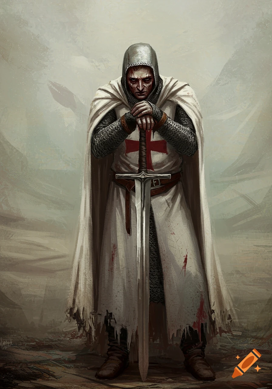 A stylized painting of a bloodied templar knight in chainmail leaning ...