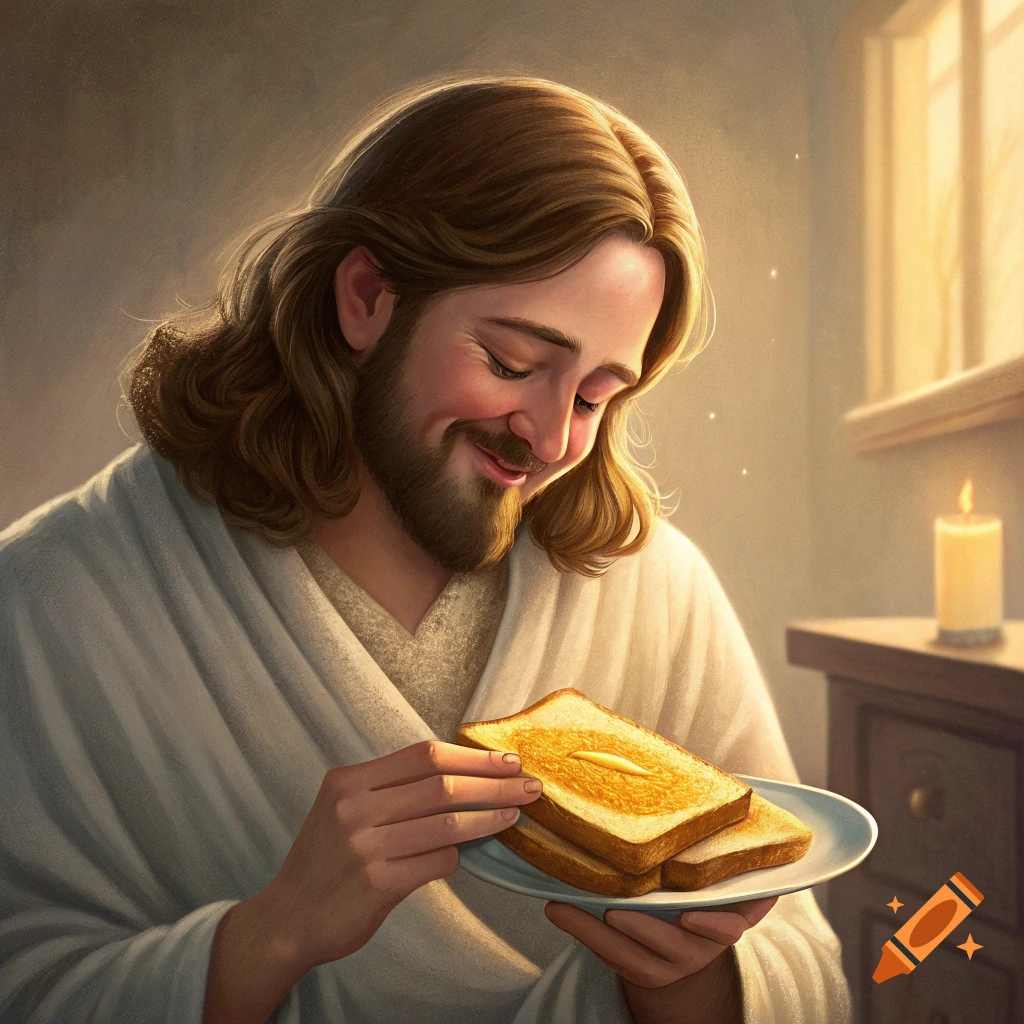 Jesus smiles while holding a plate of buttered toast in a warm room. on ...