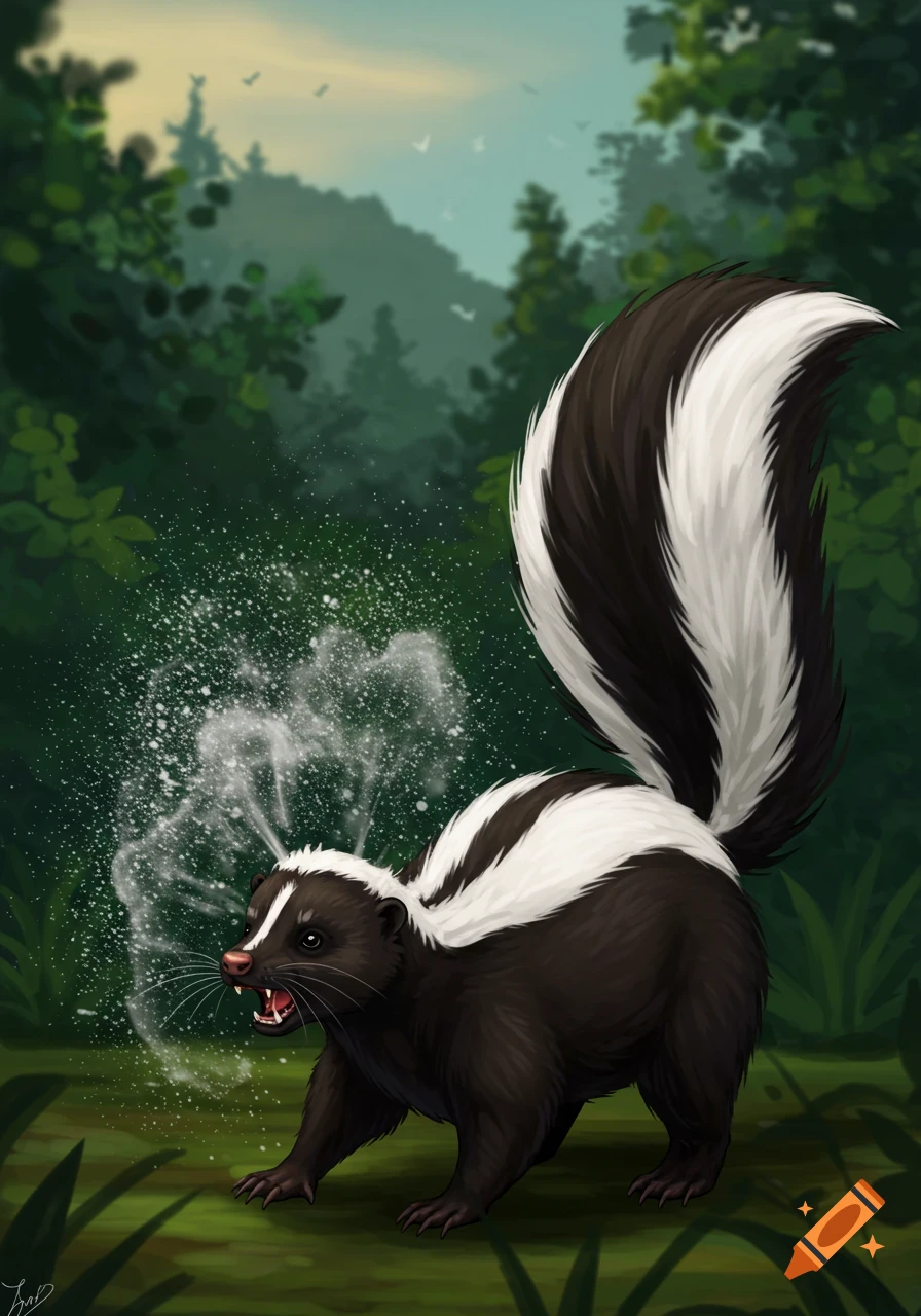 An illustration of a skunk spraying in a forest. on Craiyon