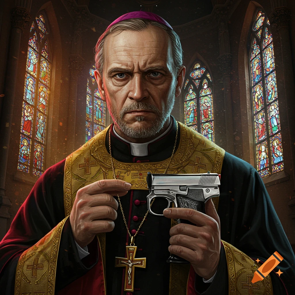 A stern-faced bishop in red and gold robes holds a handgun in a church ...