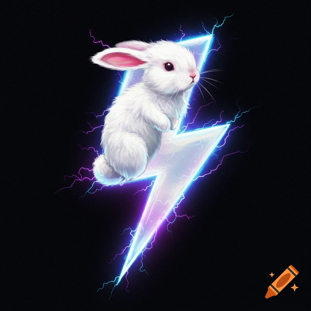A white bunny sits on a glowing blue and purple lightning bolt. on Craiyon