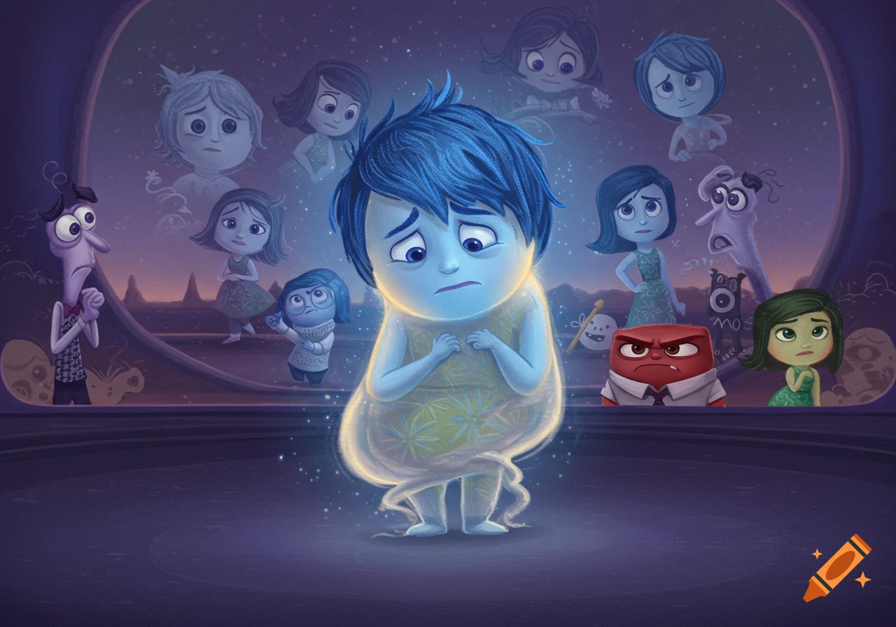 The Sadness character from Inside Out looks regretful, surrounded by ...