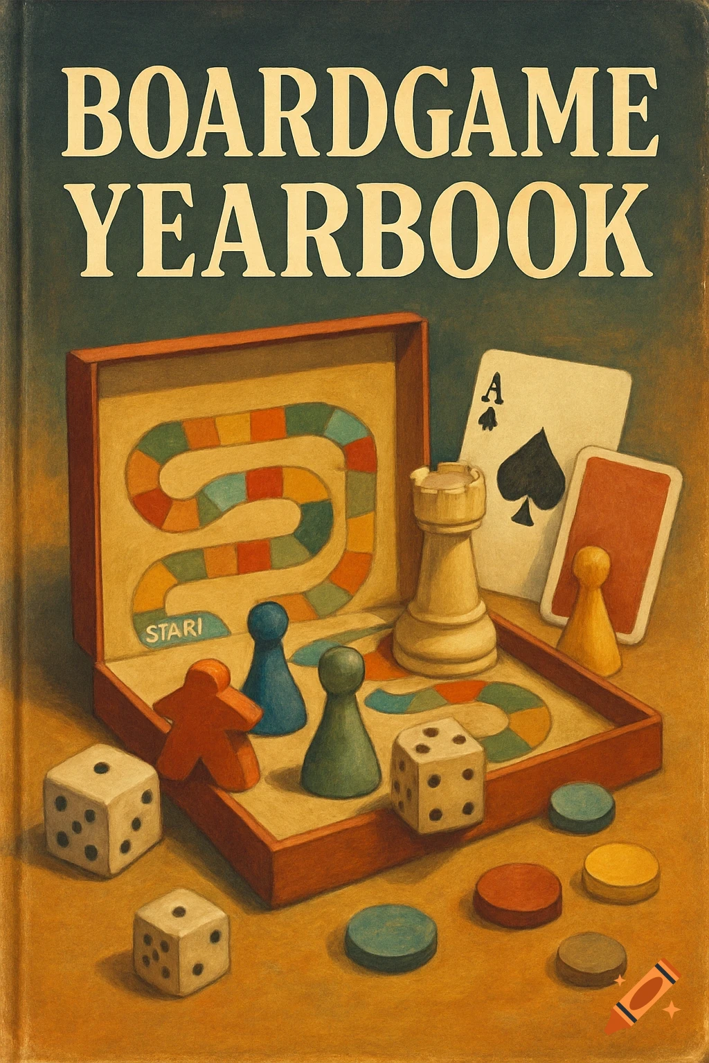 Vintage illustration of a 'Boardgame Yearbook' cover featuring a board ...