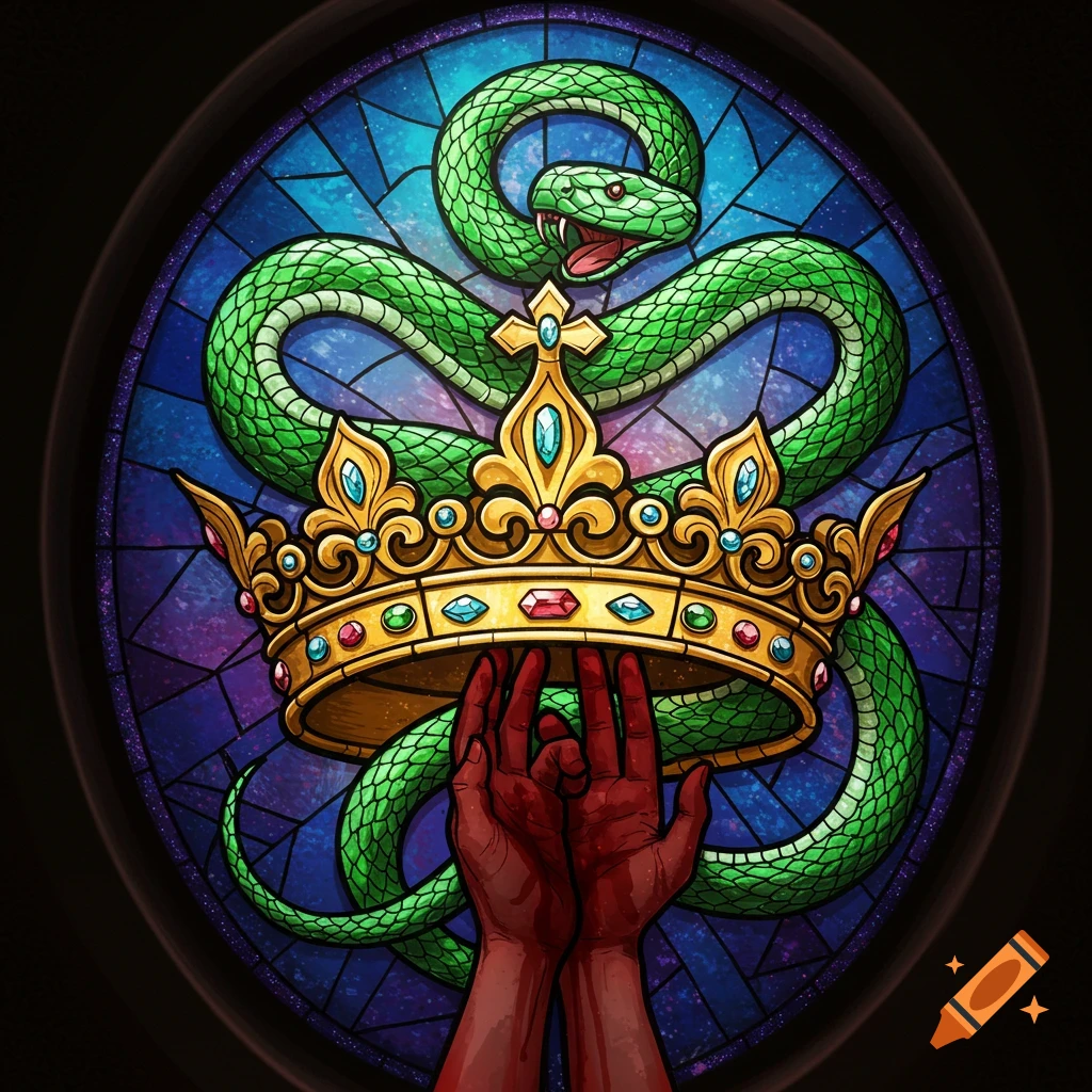 Stylized stained glass art of red hands holding a crown wrapped in a ...