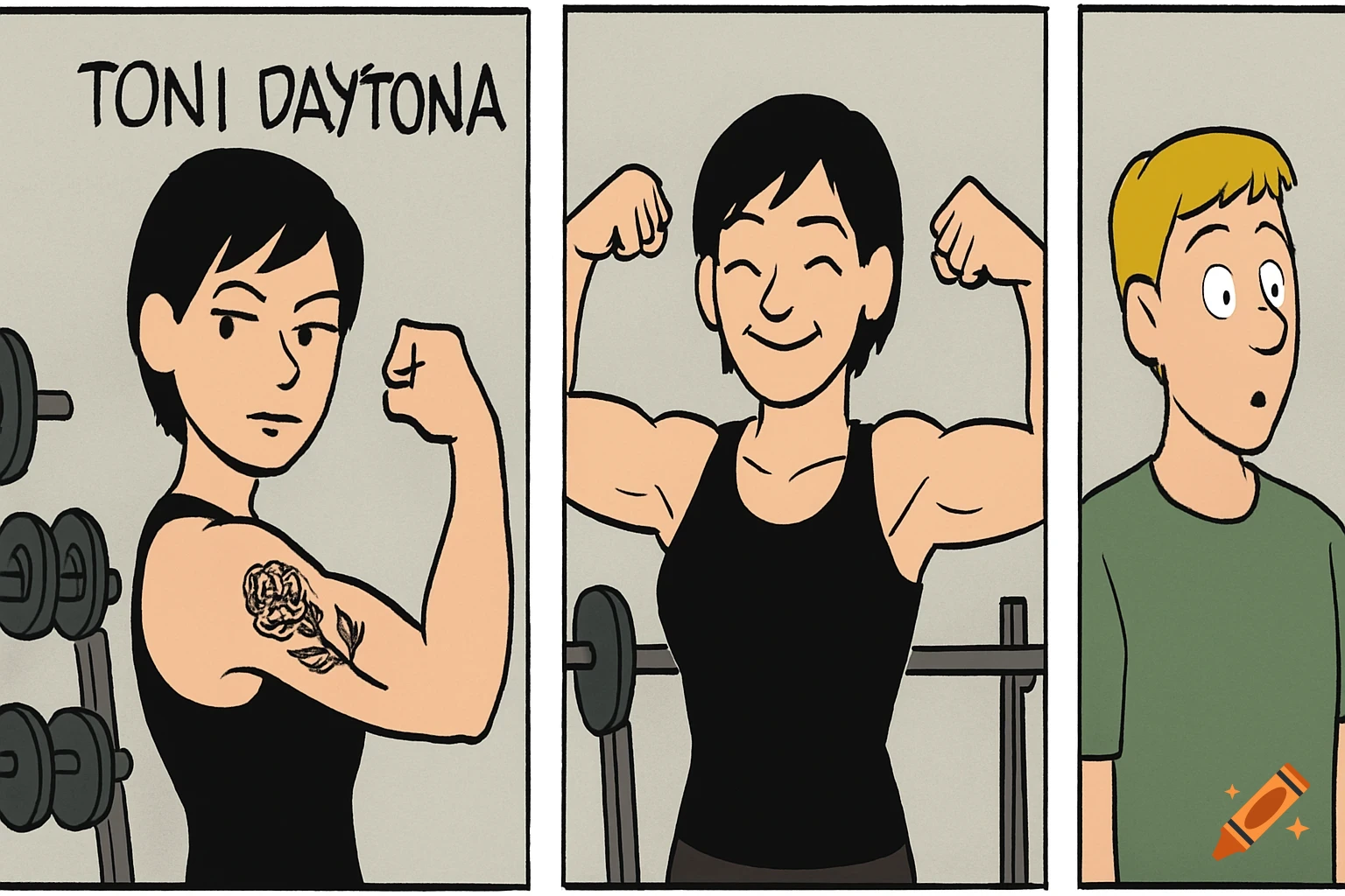 Comic strip panel shows Toni Daytona flexing muscles in a gym as ...