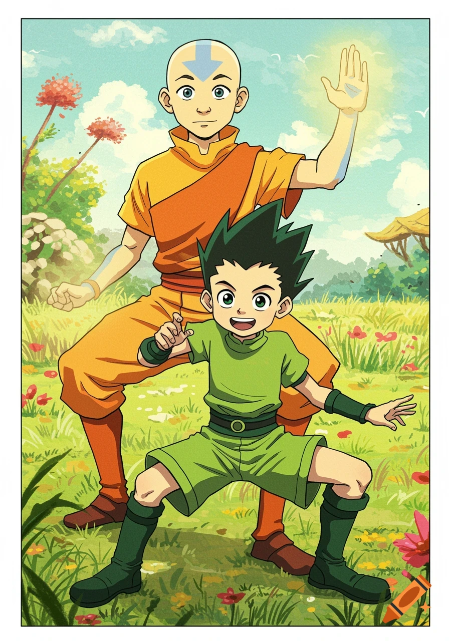 Aang and Gon from Avatar and Hunter x Hunter posing in a field in anime ...