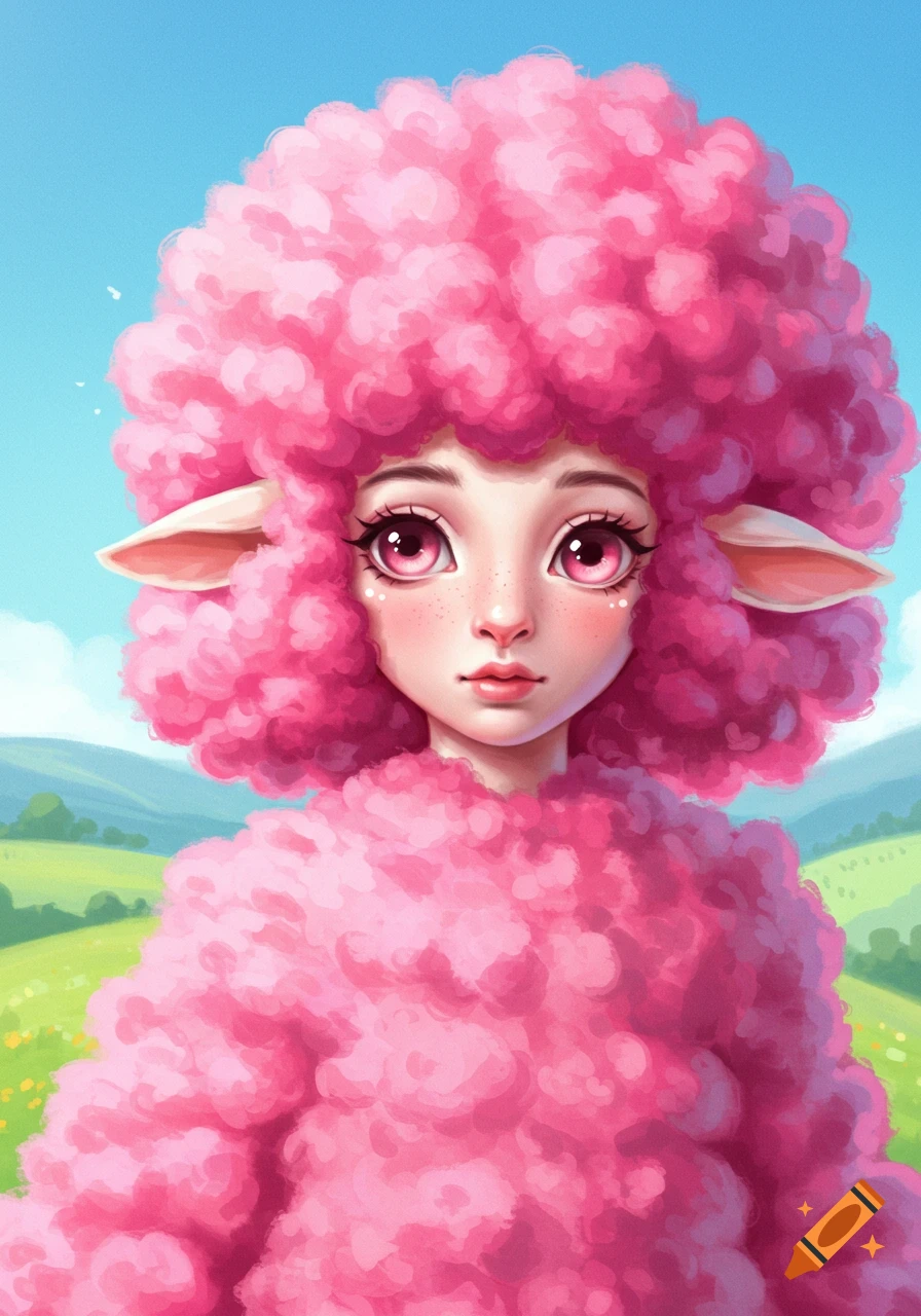 An illustration of a cute creature with a human face and pink sheep's ...