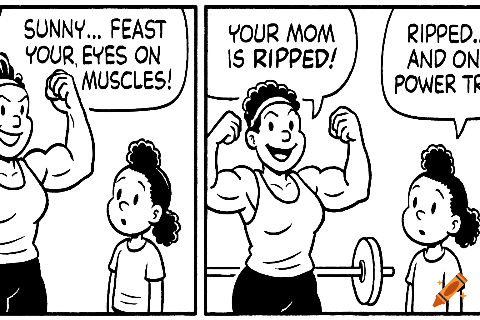 Black and white cartoon comic strip of a muscular woman flexing for her ...