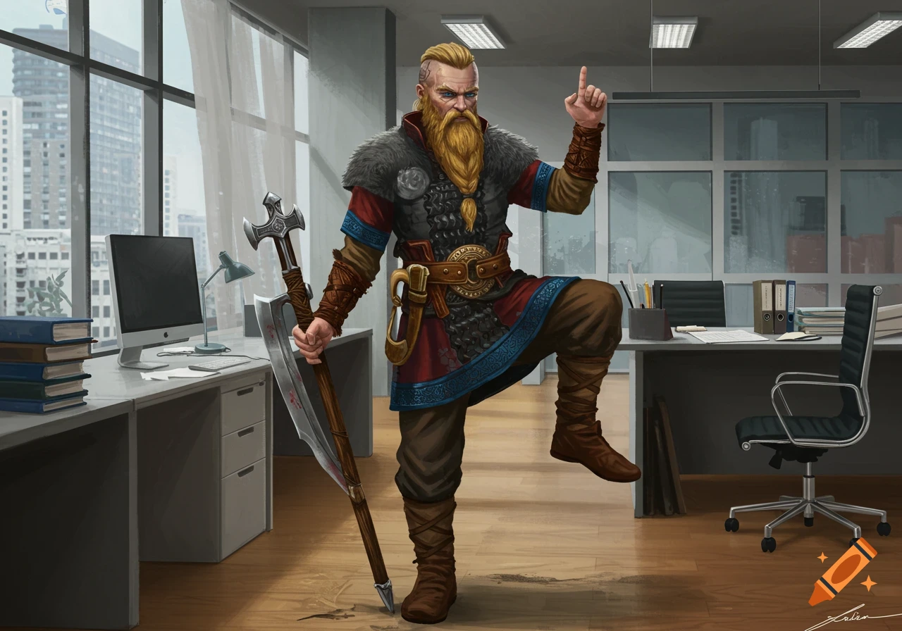 A Viking stands on one leg holding an axe in a modern office. on Craiyon