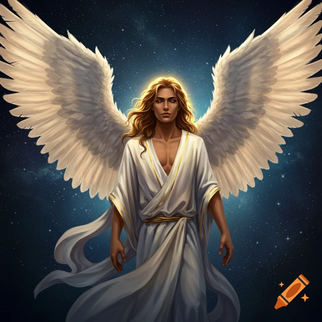Male angel with large white wings and golden hair wearing a white robe ...