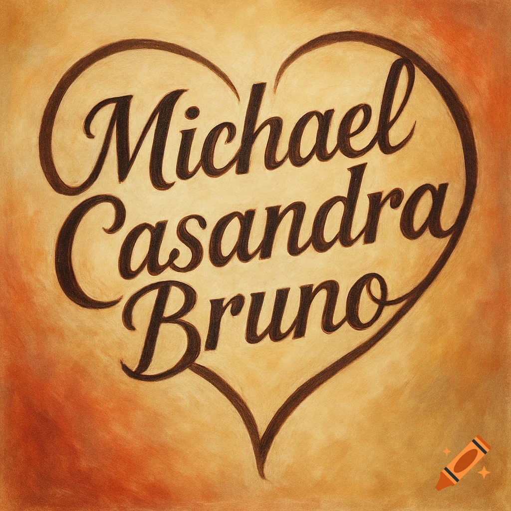 Script names Michael, Casandra, Bruno in a heart shape on a textured ...