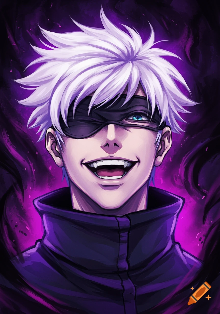 Anime illustration of Satoru Gojo smiling with spiky white hair ...