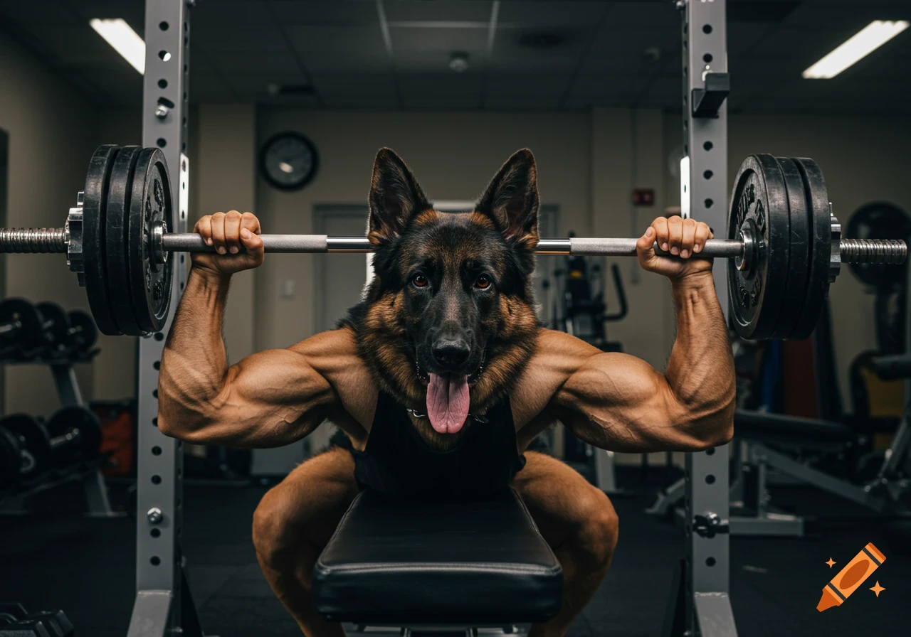 A German Shepherd with muscular human arms bench presses a barbell in a ...