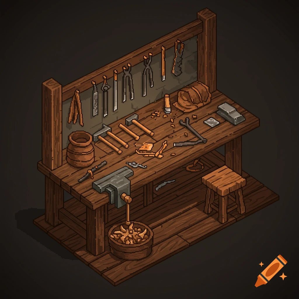 Pixel art rendering of a medieval workbench filled with tools and a ...