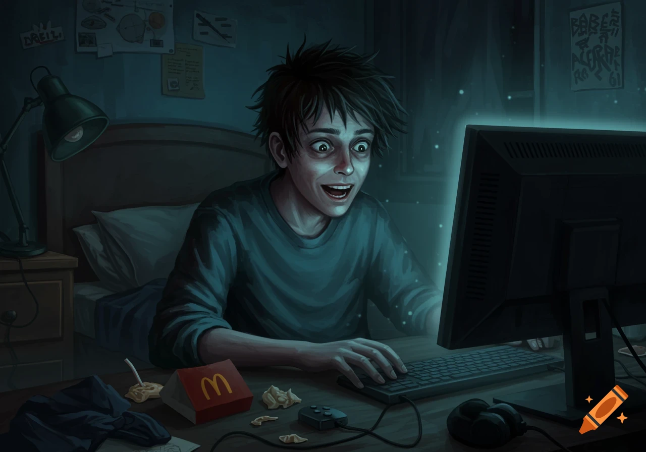 An illustrated boy with wide eyes stares intently at a glowing computer ...