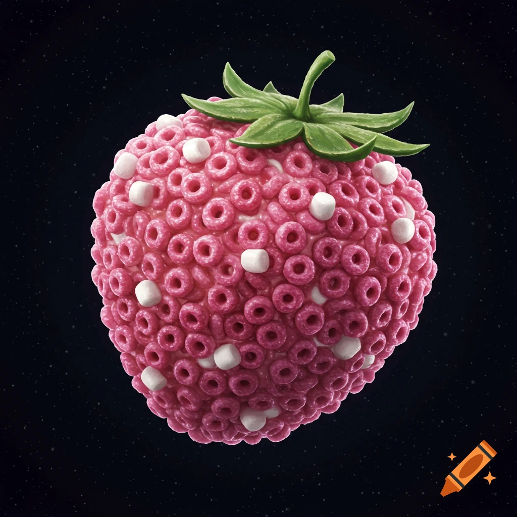 Strawberry-shaped object made of pink cereal and marshmallows against a ...