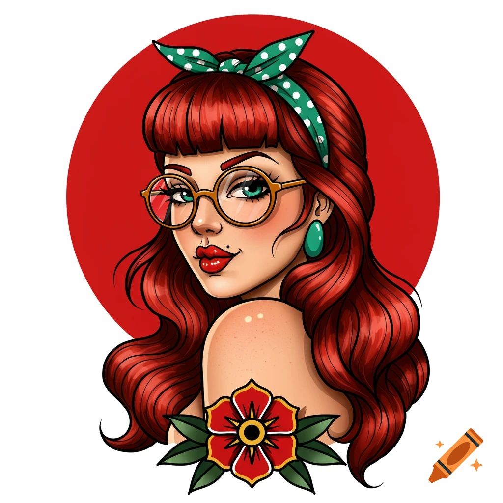 Illustration of a pinup girl with red hair, glasses, and a tattoo ...