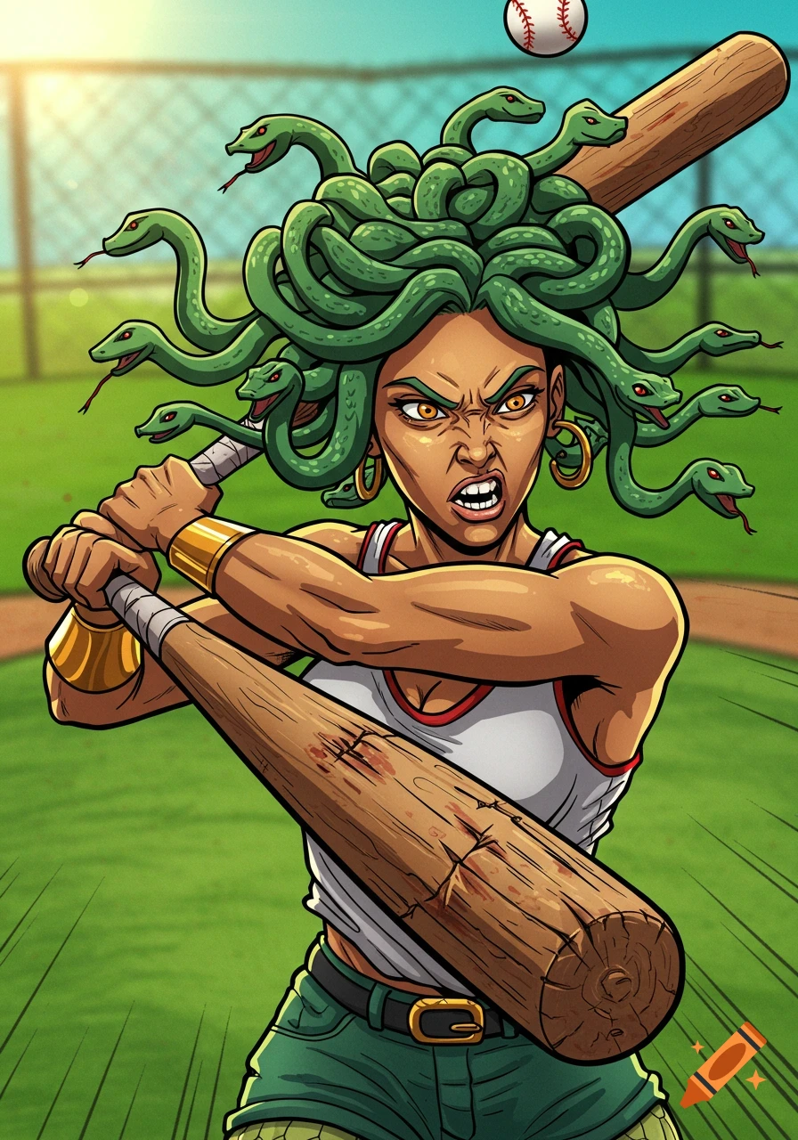 Medusa with snake hair swinging a baseball bat in a baseball field ...